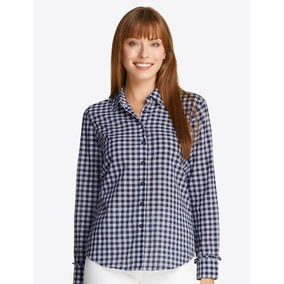 Draper James | Tops | Draper James Gingham Button Down Ruffle Shirt Nassau Blue White Coastal ...